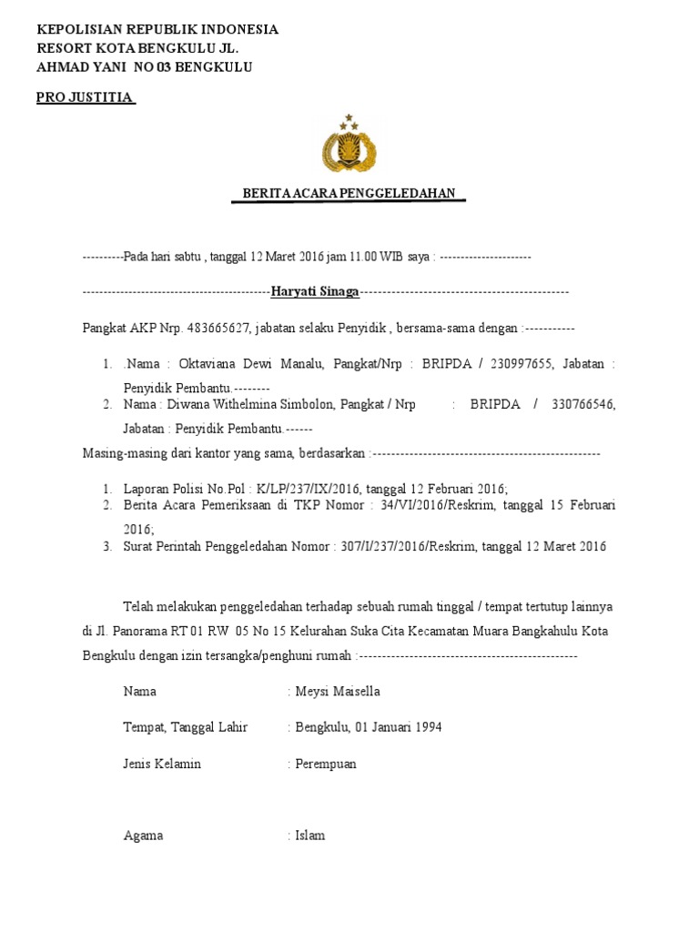 Berita Acara Penggeledahan Meysi | PDF