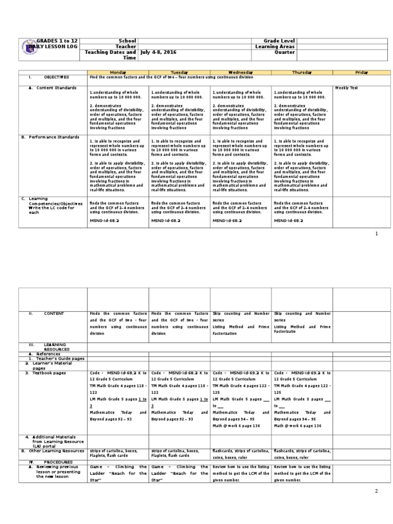 GRADE 5 Mathematics DLL Whole Year Grade 5 | PDF | Division ...