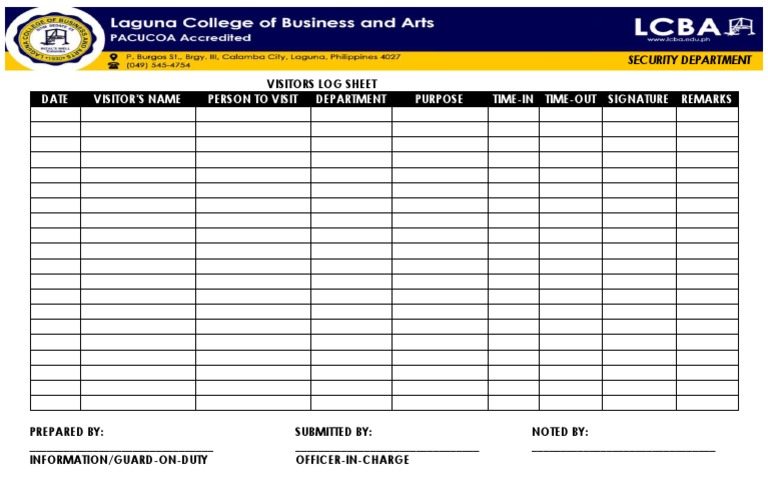 Security Visitors Log Sheet Template | PDF