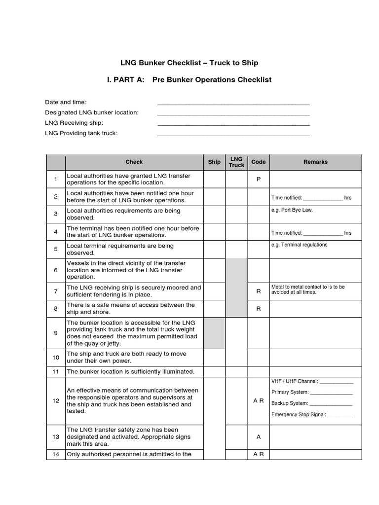 LNG Bunker Checklist | Liquefied Natural Gas | Flashlight
