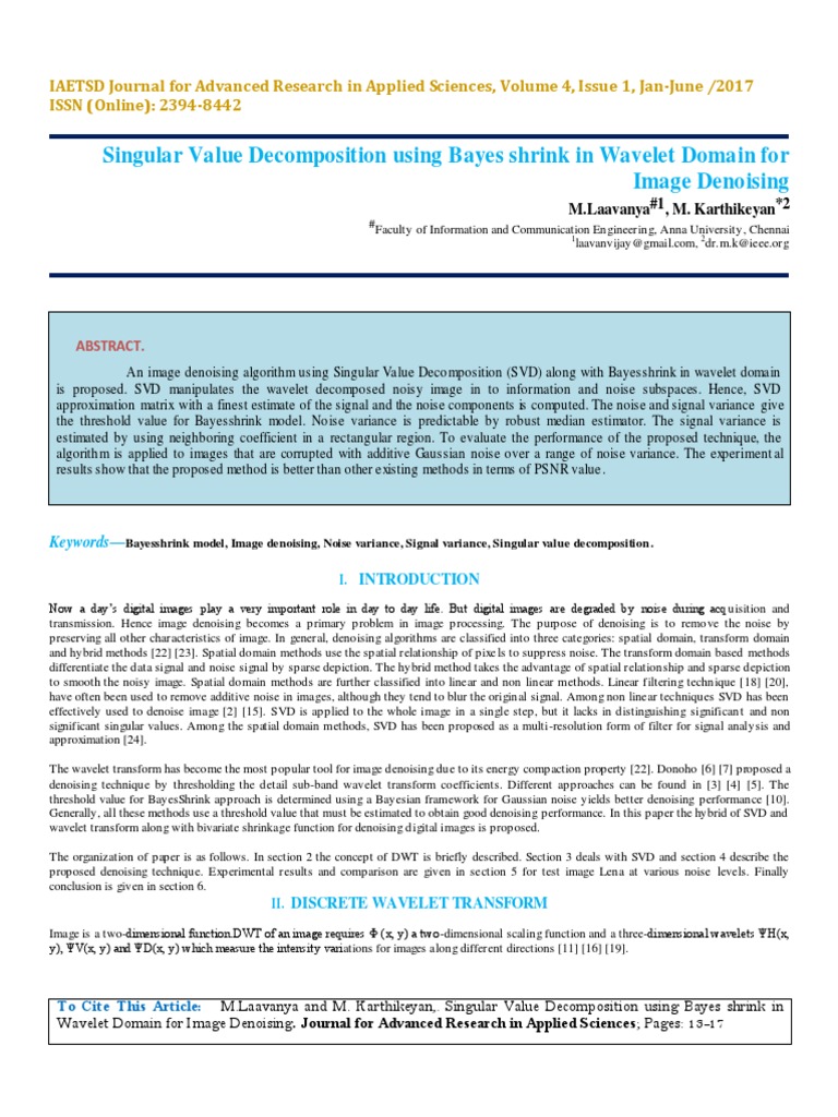 Image Denoising with SVD and BayesShrink | PDF | Wavelet | Matrix (Mathematics)