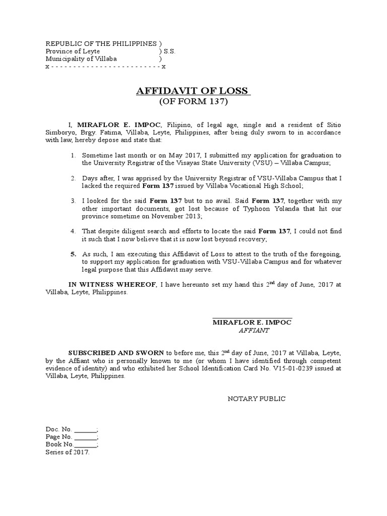 Affidavit of Loss - Form 137