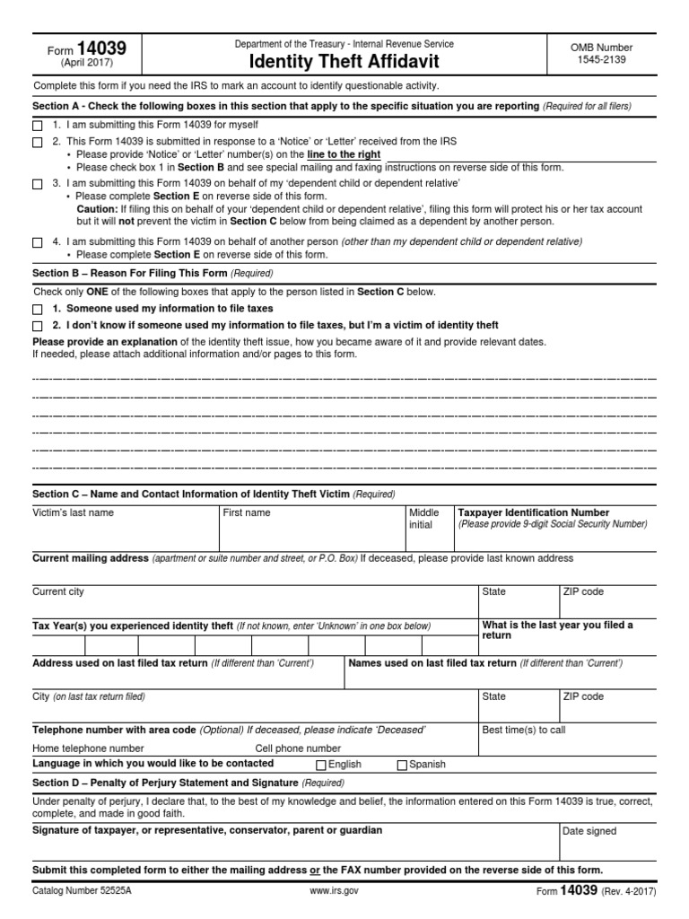 IRS Form 14039 (Rev | Download Free PDF | Internal Revenue Service ...