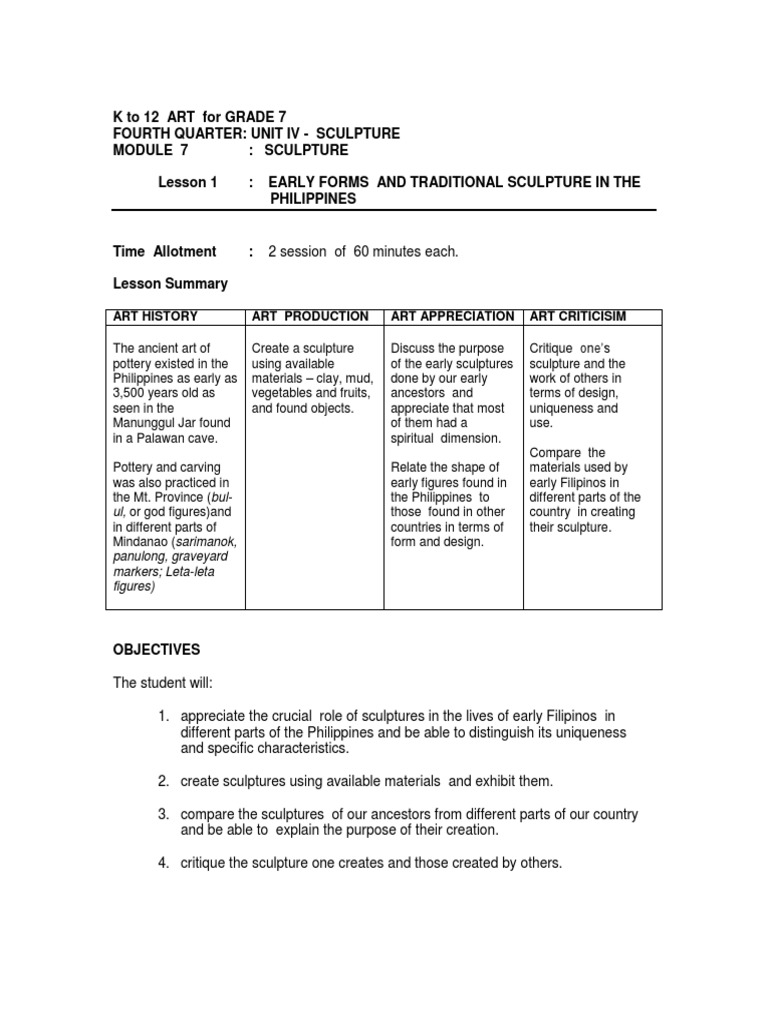 11 - Grade 7 Art, TG - QTR 4 - Module 7 Sculpture, Les 1 | PDF ...