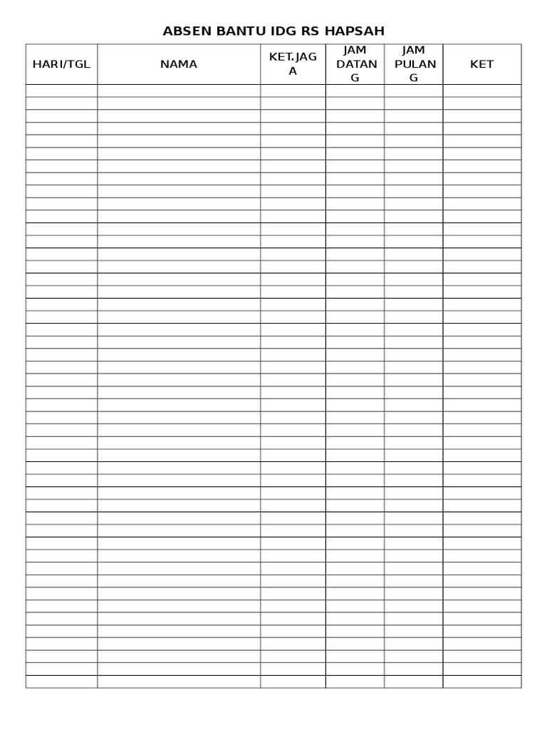 Absen Bantu Idg Rs Hapsah: Hari/Tgl Nama Ket - Jag A JAM Datan G JAM Pulan G KET | PDF