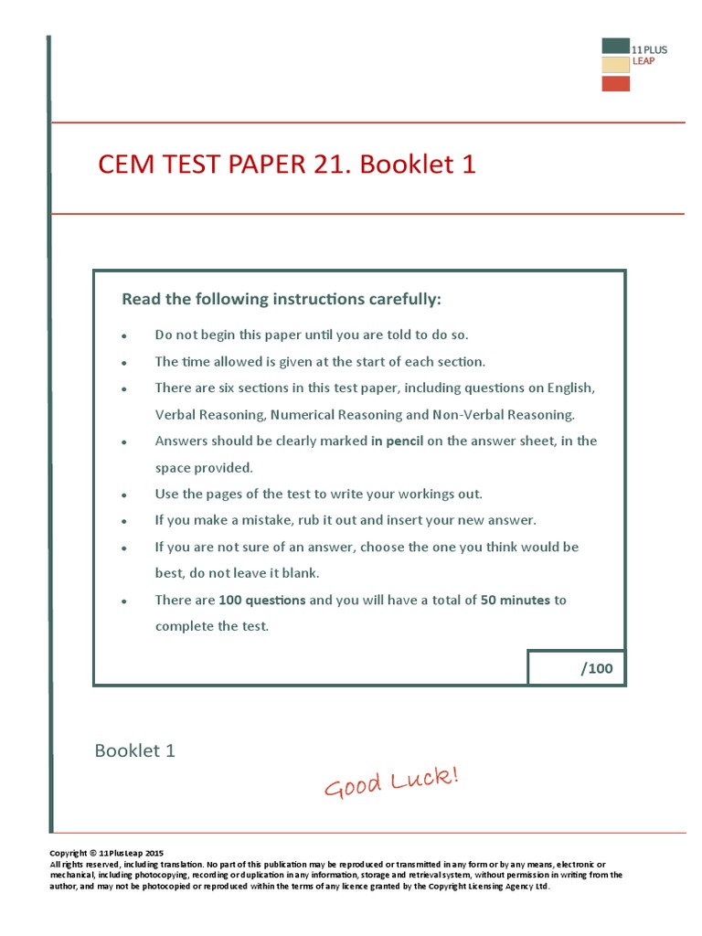 CEM TEST PAPER 21. Booklet 1: Read The Following Instructions Carefully ...