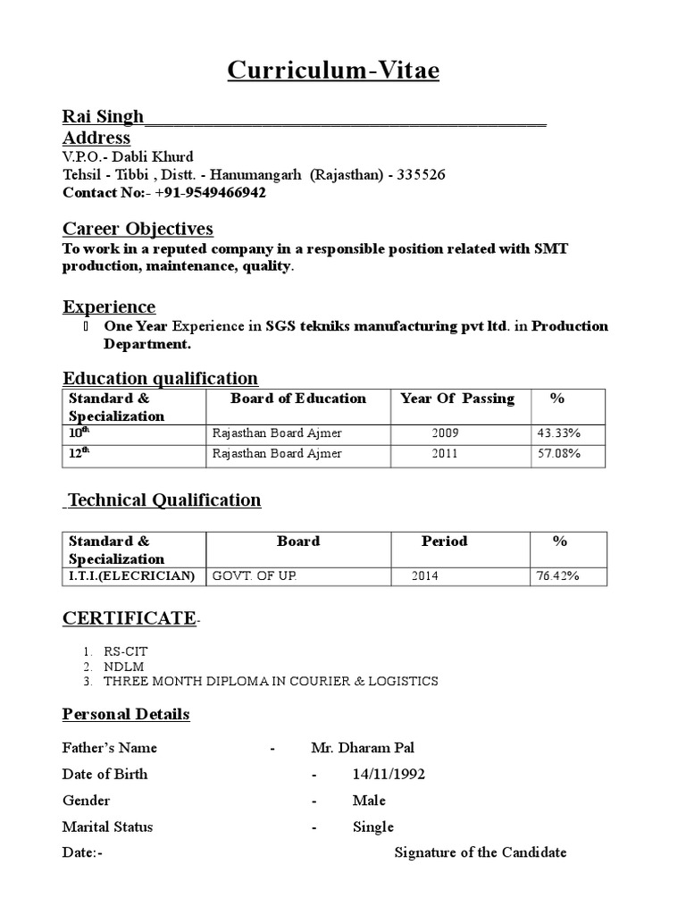 Curriculum-Vitae: Rai Singh - Address | PDF