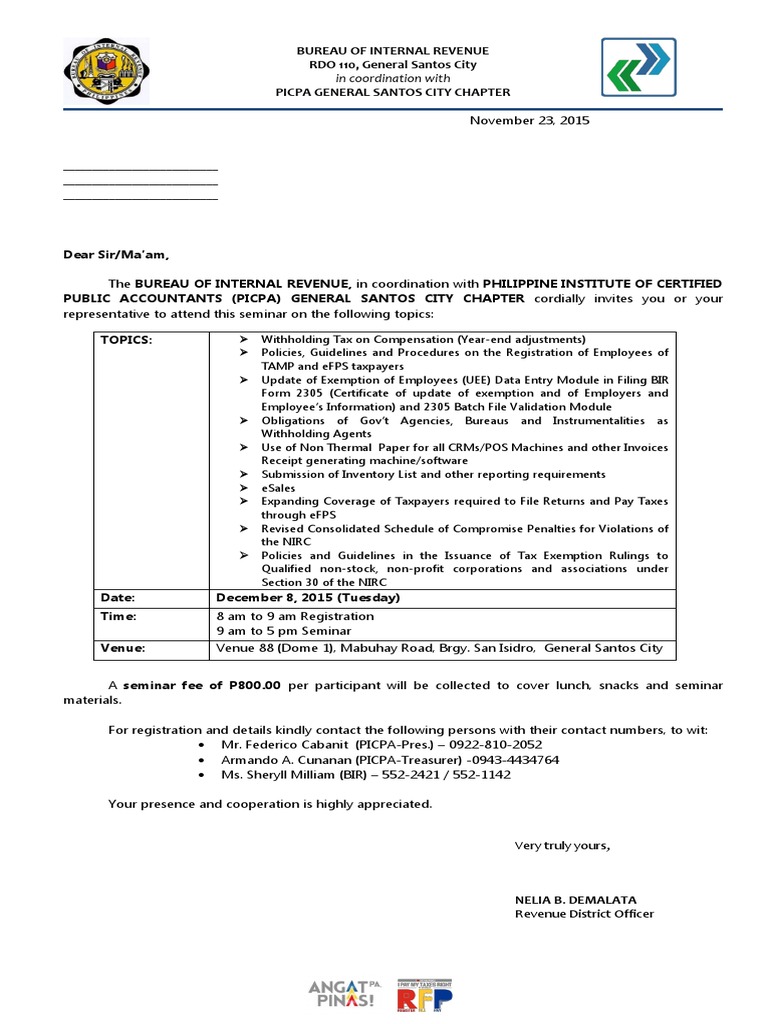Bir Seminar Letter-2 Picpa | Internal Revenue Service | Payments