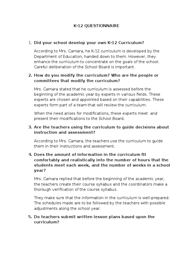 k12 Questionnaire | PDF | Curriculum | Pedagogy