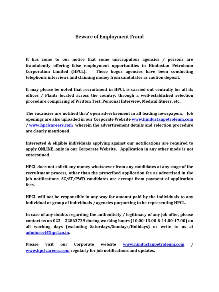 Employment Fraud Notice | PDF