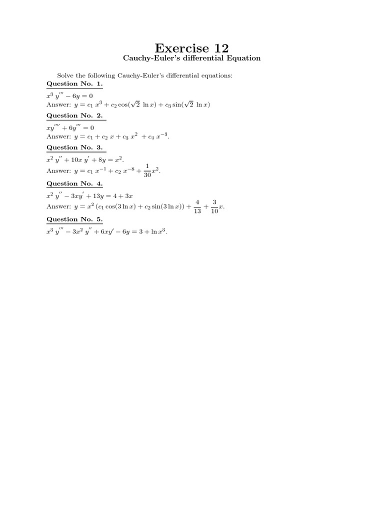Exercise 12: Cauchy-Euler's Differential Equation | PDF