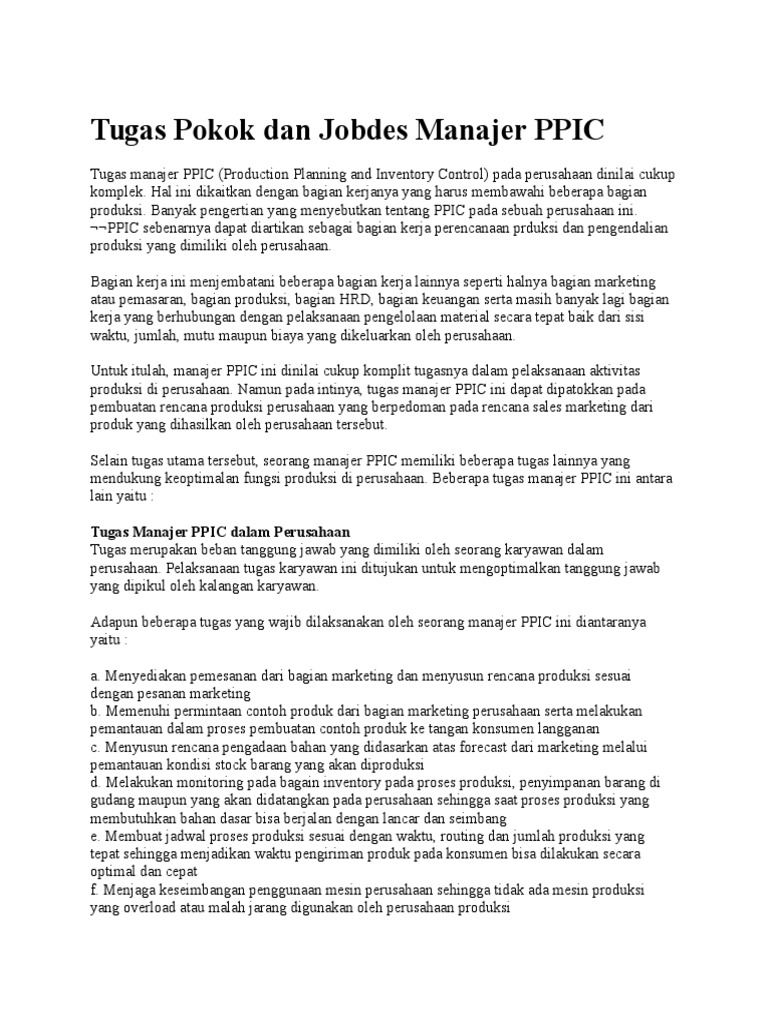 Tugas Pokok Dan Jobdes Manajer PPIC | PDF