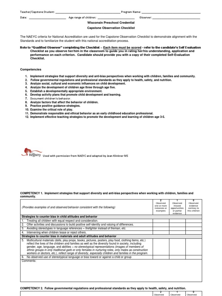 Preschool Capstone Observation Checklist 1 | PDF | Child Development ...