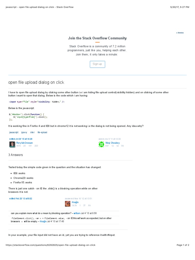 Javascript Open File Upload Dialog On Click Stack Overflow Pdf Pdf Java Script Web 3195