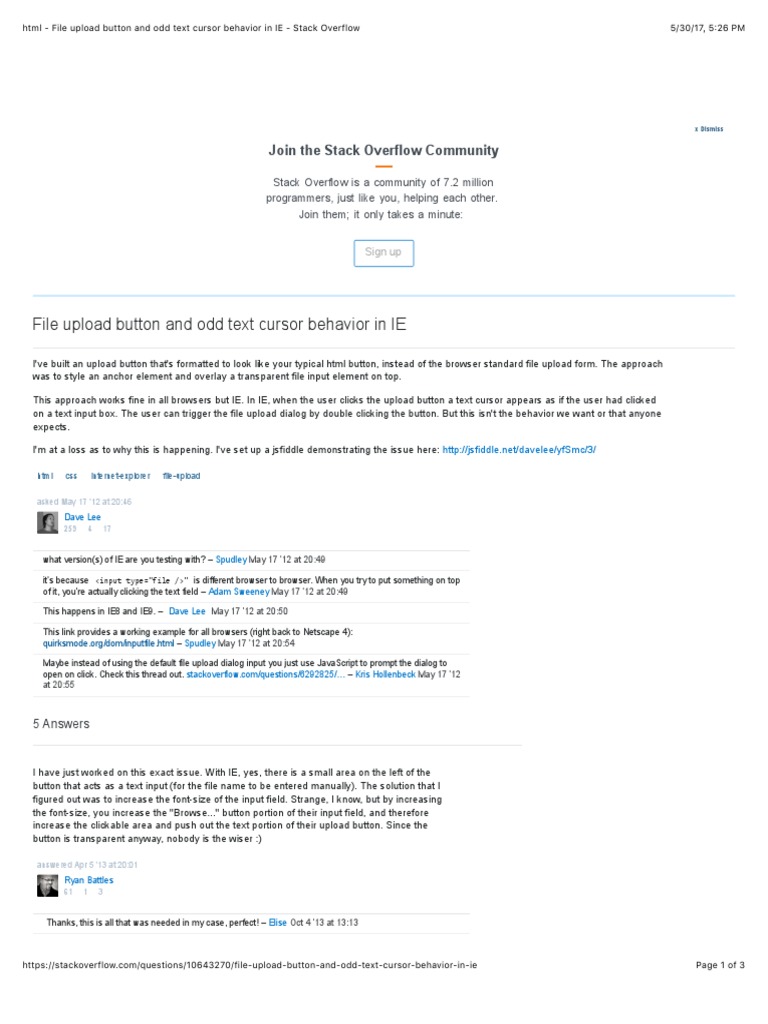 Html File Upload Button And Odd Text Cursor Behavior In Ie Stack Overflow Pdf Pdf Button 2629