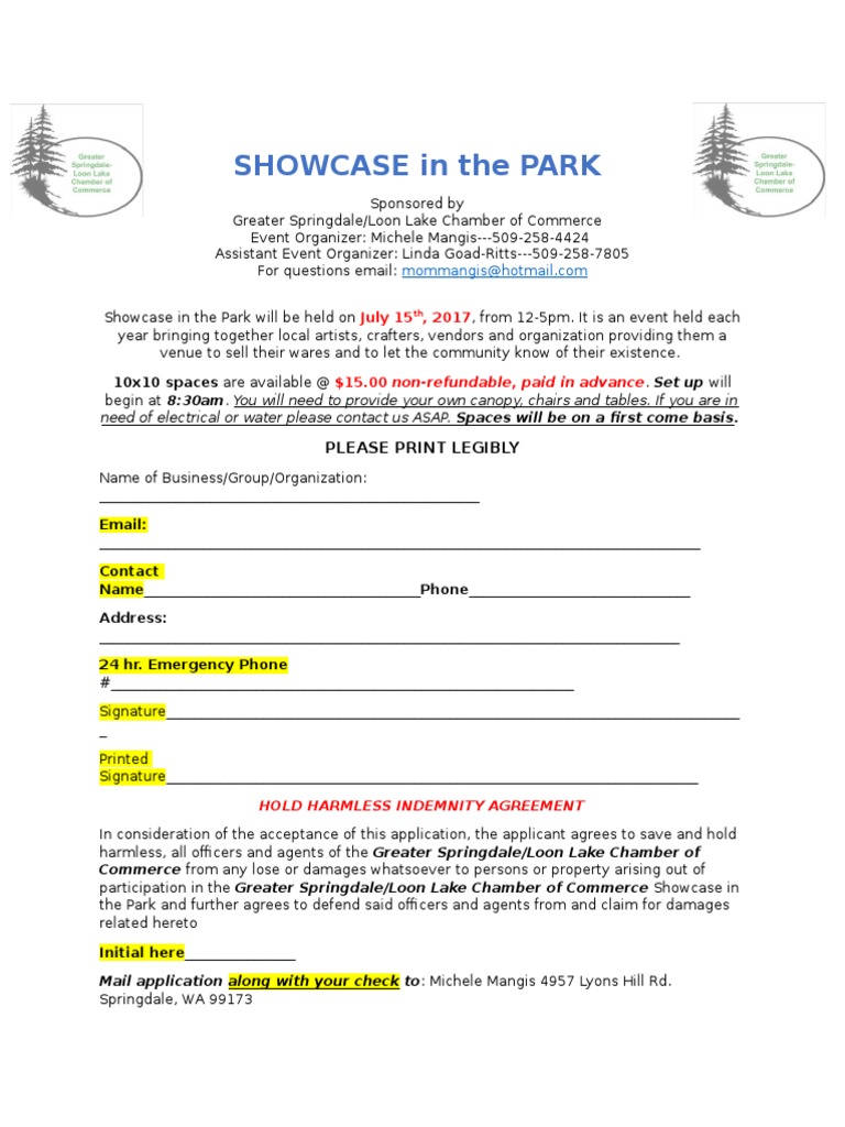 Showcase in The Park Vendors Form | PDF