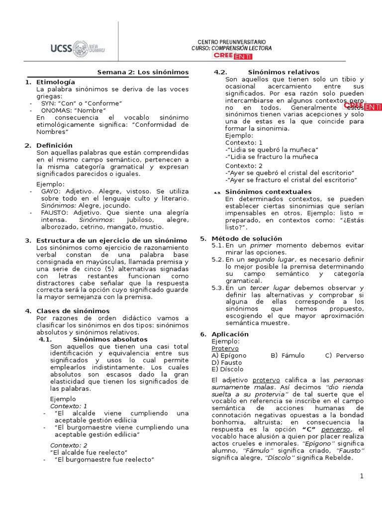 Semana2 Sinonimos Comprension Lectora Cepre-UCSS | PDF | Palabra | Interpretación (filosofía)