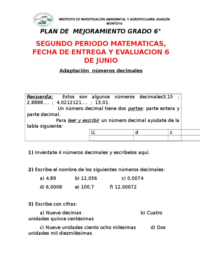 Plan Mejora 2P MATEM 6 | PDF | Decimal | Fracción (Matemáticas)