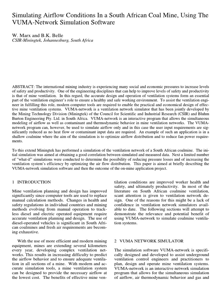 Simulating Airflow Conditions in A South African Coal Mine, Using The ...