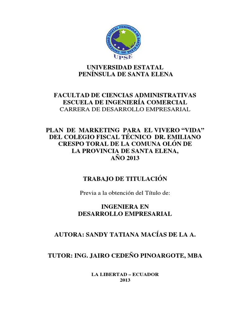 Plan De Marketing Para El Vivero Vida Del Colegio Fiscal Técnico Dr