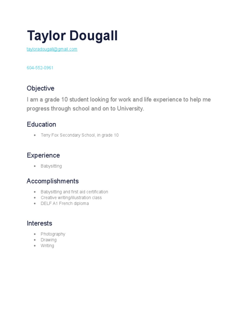Grade 10 Student Resume for Work Experience | PDF
