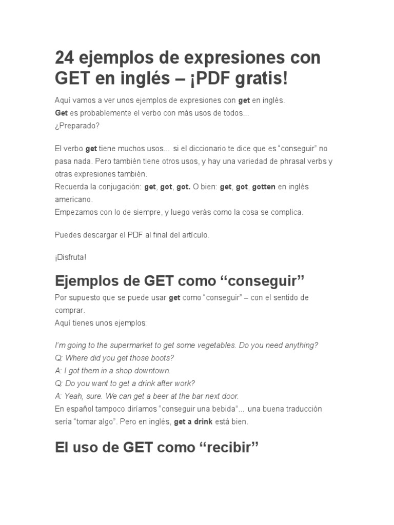 24 Ejemplos de Expresiones Con GET en Inglés | PDF | Ocio ...
