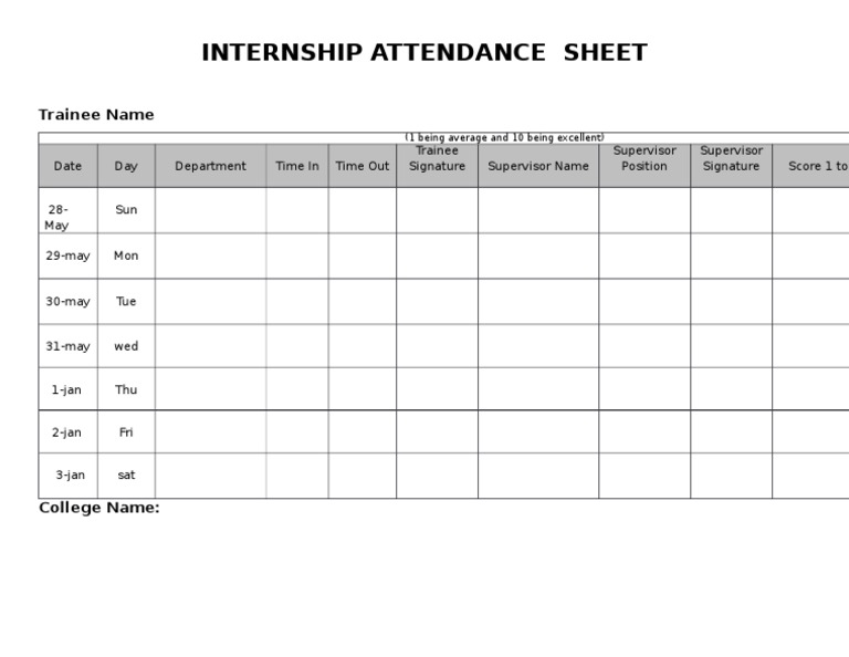 Internship Attendance Sheet Template | PDF
