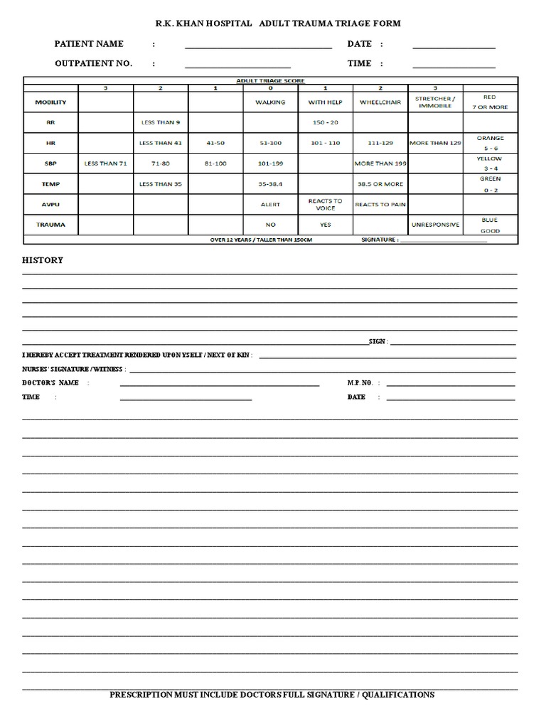 R.K. Khan Hospital Adult Trauma Triage Form Patient Name: - Date ...