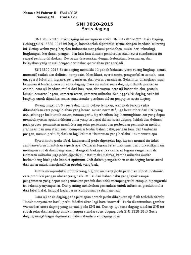 Sni 3820 Sosis Daging | PDF