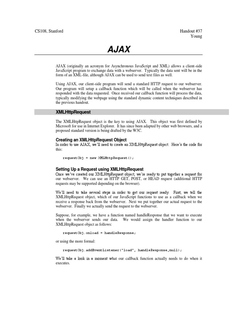 Cs108, Stanford Handout #37 Young: Xmlhttprequest | PDF | Ajax ... Cs108, Stanford Handout #37 Young: Xmlhttprequest | PDF | Ajax ...