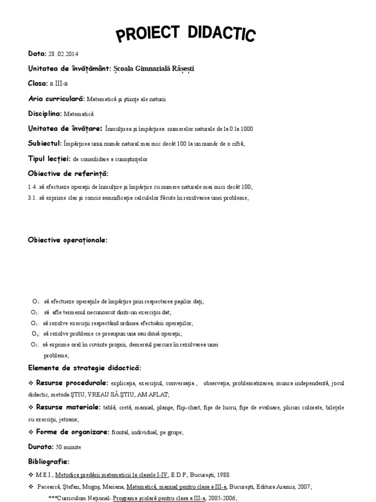 Proiect 3 - Împartirea Clasa A III-A | PDF