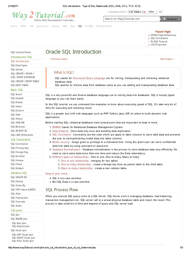 Sql Introduction Type Of Sql Statements Ddl Dml Dcl Tcs Scs 7640