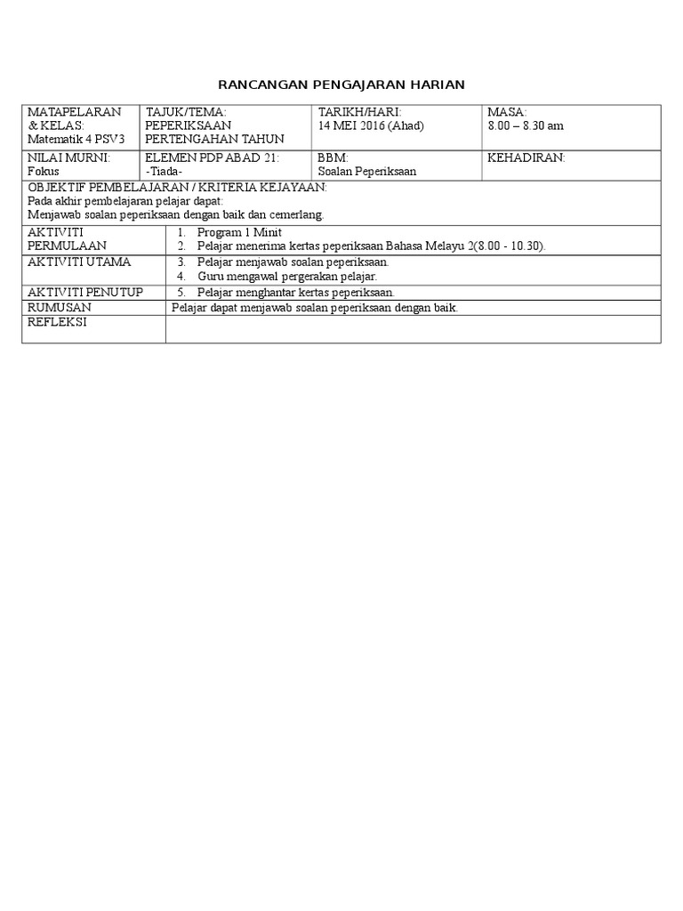 Contoh RPH Minggu Peperiksaan | PDF