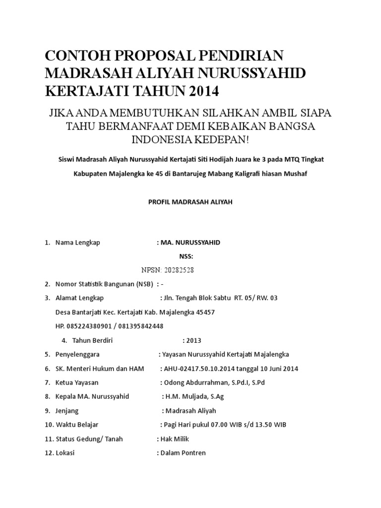 Contoh Proposal Pendirian Madrasah Aliyah Nurussyahid Kertajati Tahun 2014 | PDF