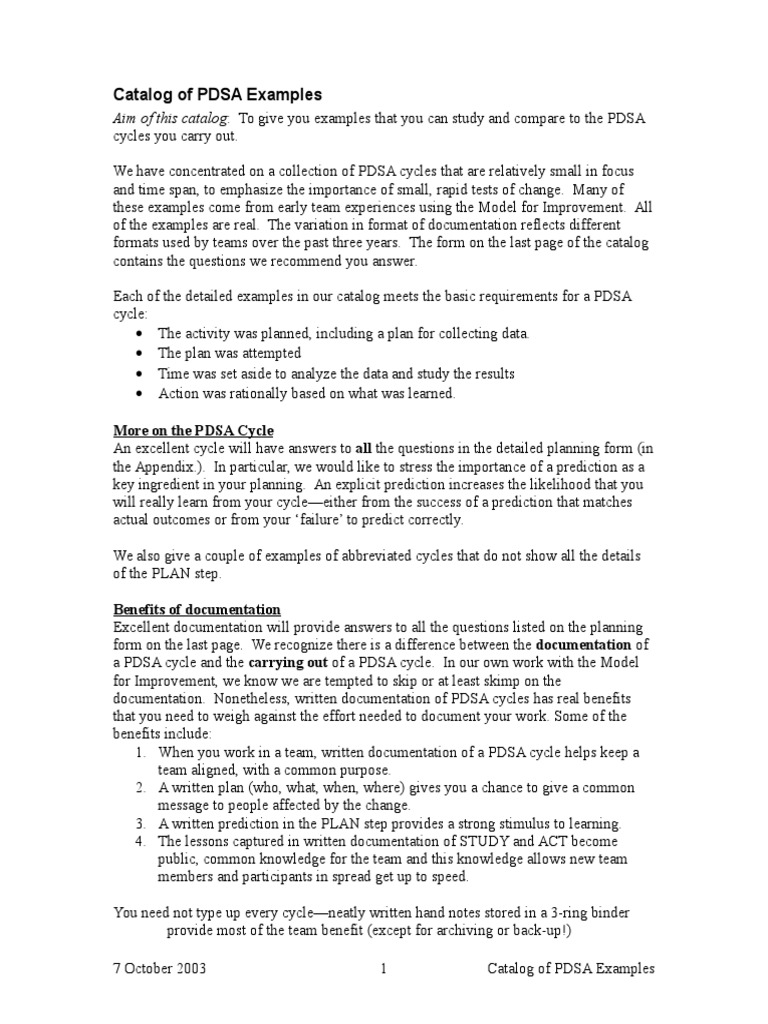 2.5 Catalog of PDSA Examples 1 | PDF | Prediction | Educational Assessment
