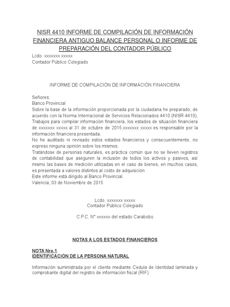 Nisr 4410 Informe de Compilación de Información Financiera Antiguo Balance Personal o Informe de ...