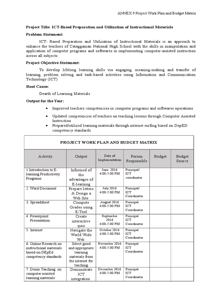 ANNEX 9 Project Work Plan and Budget Matrix-noli | Educational ...
