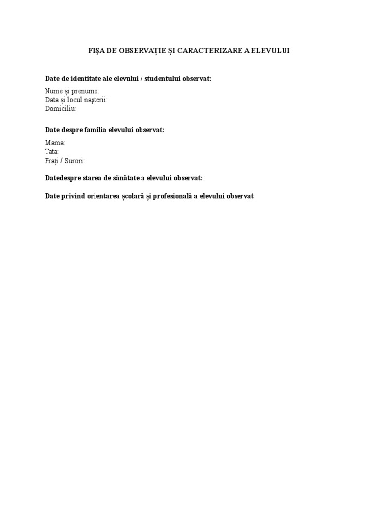Fisa de Observatie Si Caracterizare A Elevului | PDF