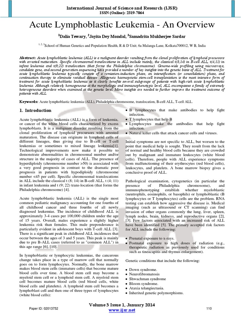 Acute Lymphoblastic Leukemia Pdf Leukemia Medical Specialties