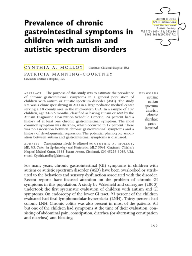Prevalence of Chronic Gastrointestinal Symptoms in Children With Autism ...
