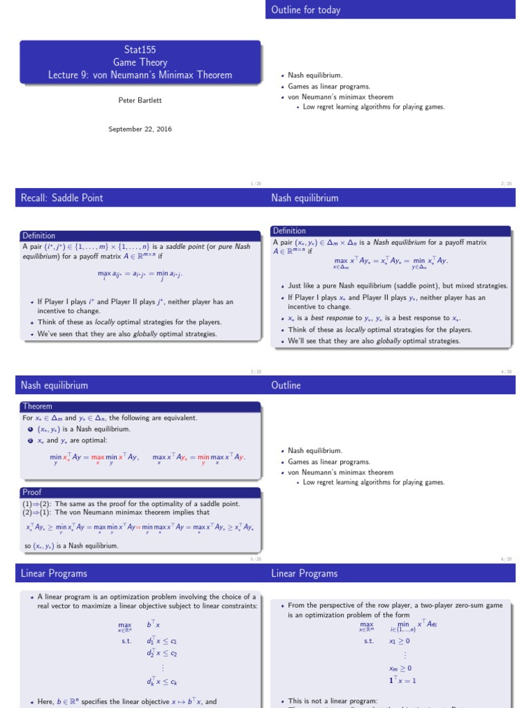 Von Neumann's Minimax Theorem and Nash Equilibrium in Game Theory | PDF ...