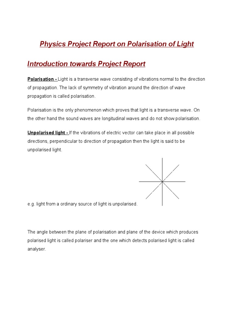 Physics Project Report On Polarisation of Light | PDF | Polarization (Waves) | Light