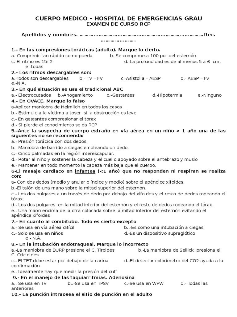 RCP Examen | PDF | Reanimación cardiopulmonar | Especialidades Medicas