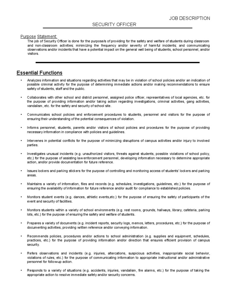 Job Description Security Guard | PDF | Security Guard | Police Officer