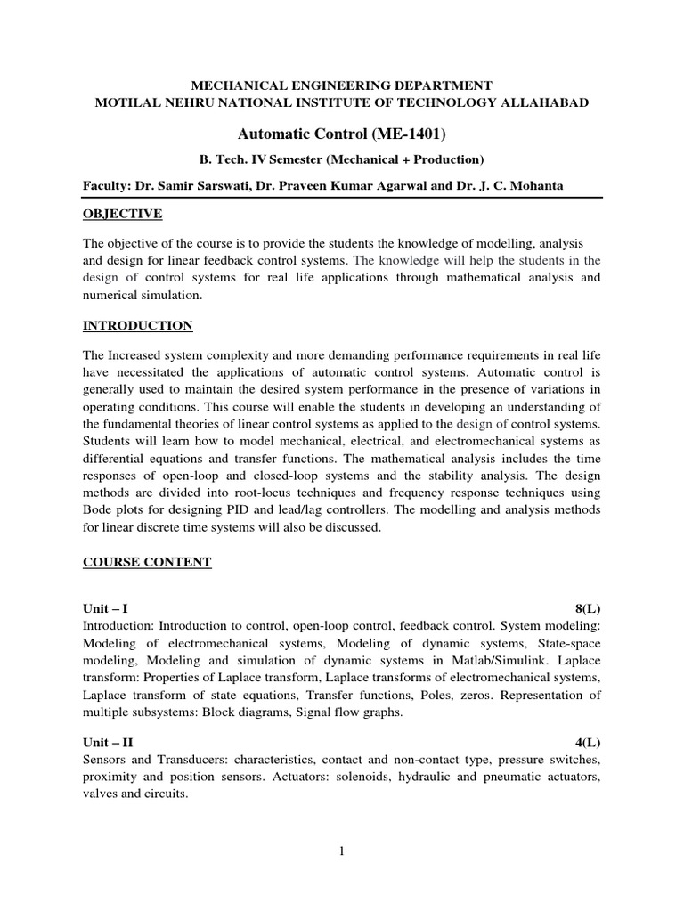 Automatic Control (ME1401) | PDF | Control Theory | Engineering
