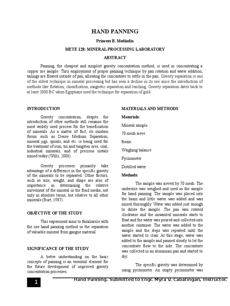 Analysis of Hand Panning for Gravity Separation of Minerals | PDF ...