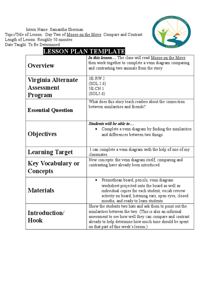 Lesson Plan Template: Virginia Alternate Assessment Program | PDF ...