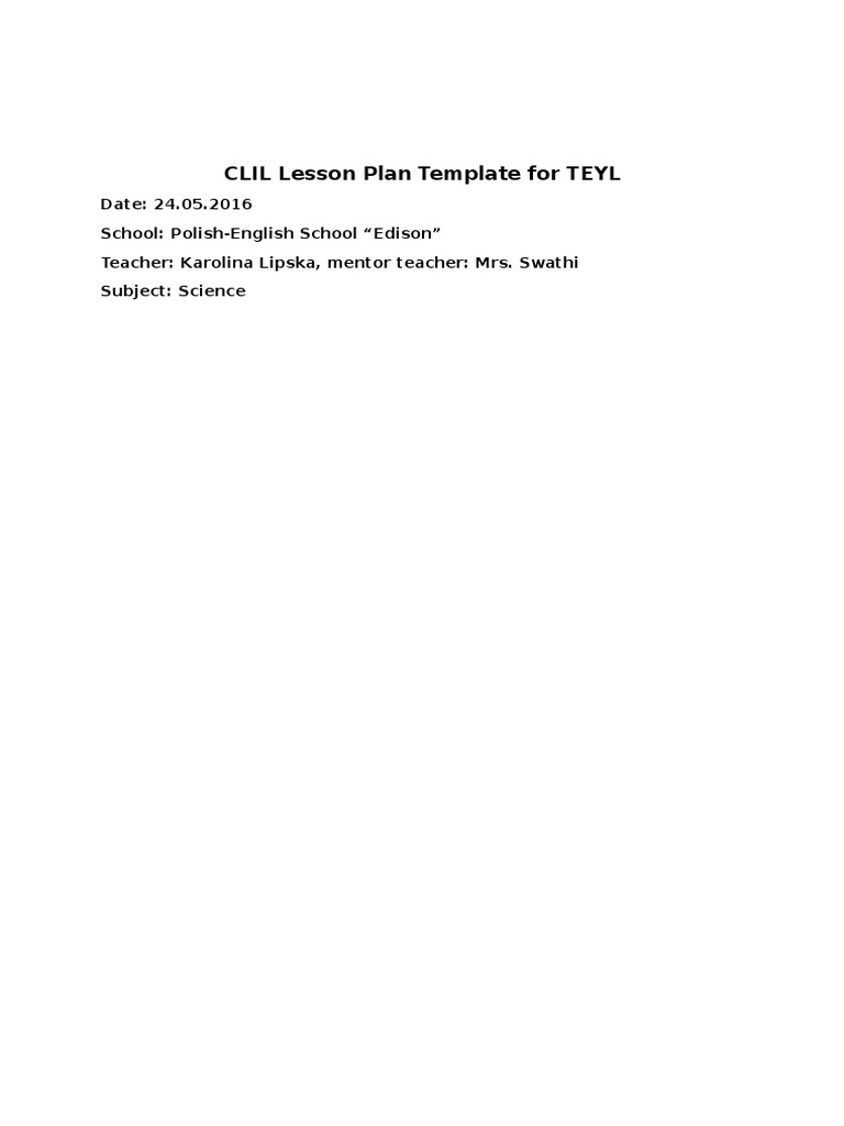 CLIL Lesson Plan Template For TEYL | PDF | Educational Assessment ...