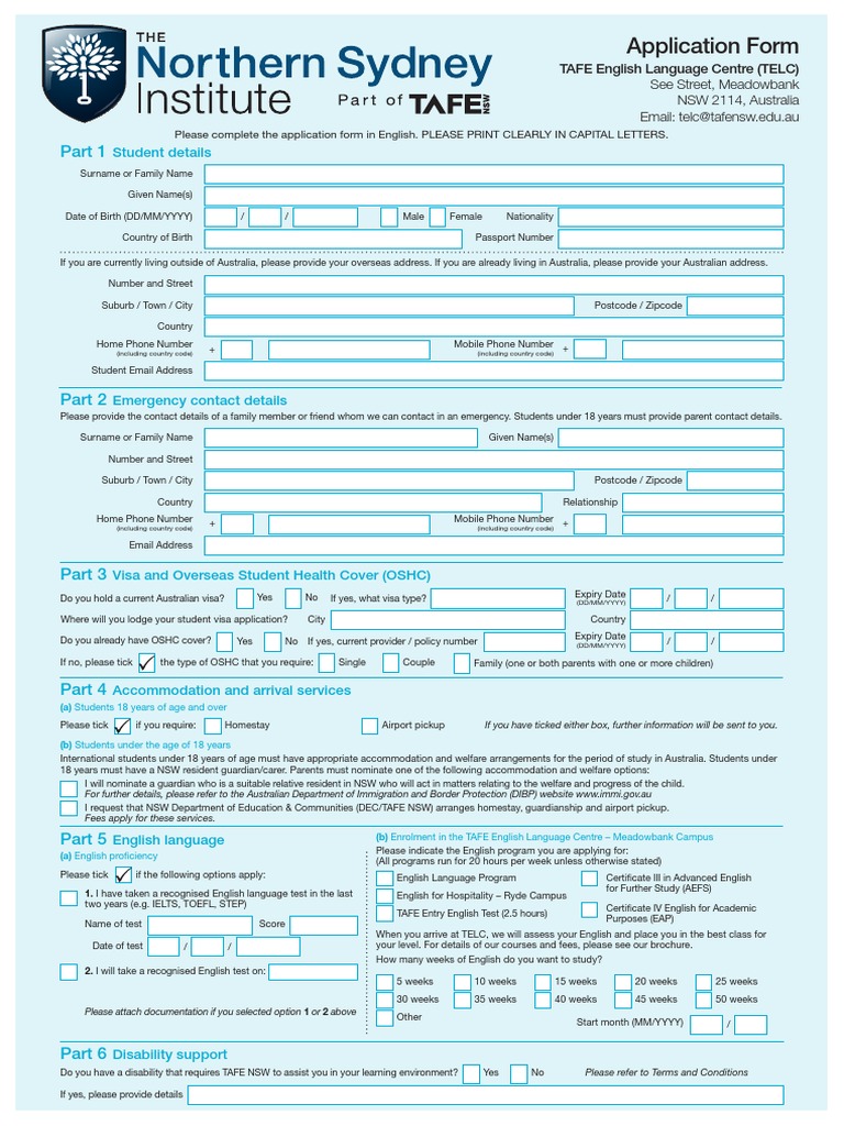 TAFE NSI English Application Form | Fee | Government | Free 30-day ...
