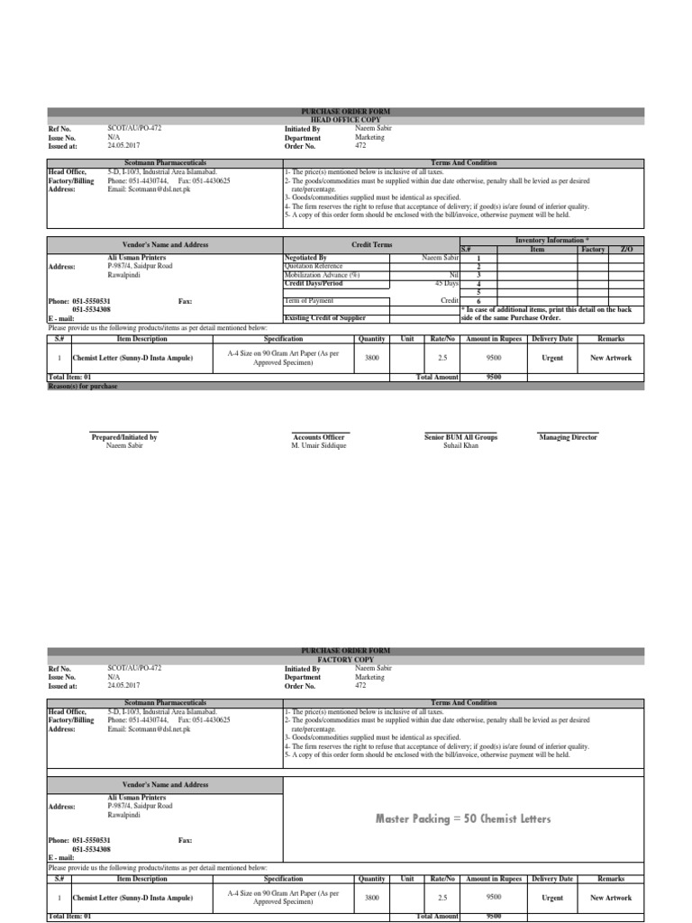 Pharma Purchase Orders | Invoice | Business